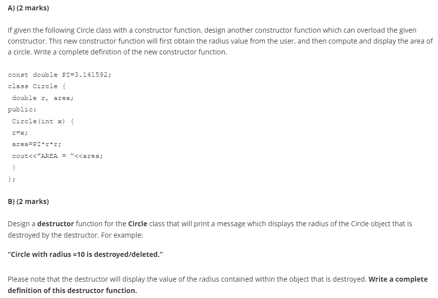 Solved If given the following Circle class with a | Chegg.com