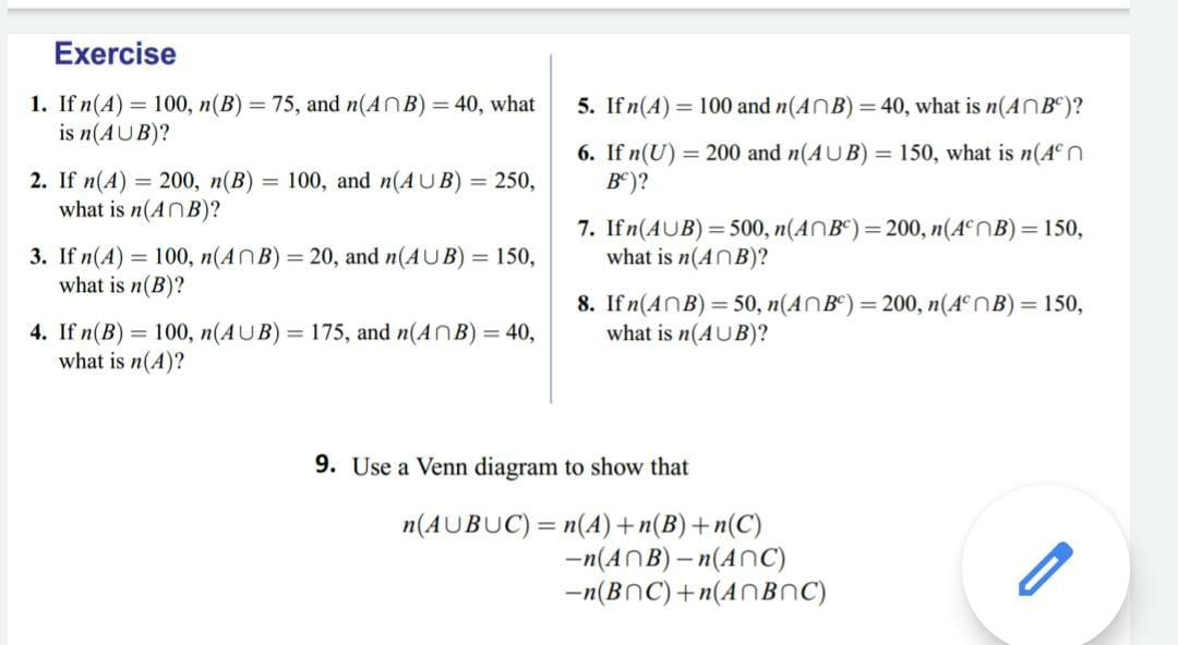 Solved Exercise 5. If n(A) = 100 and n(ANB) = 40, what is | Chegg.com