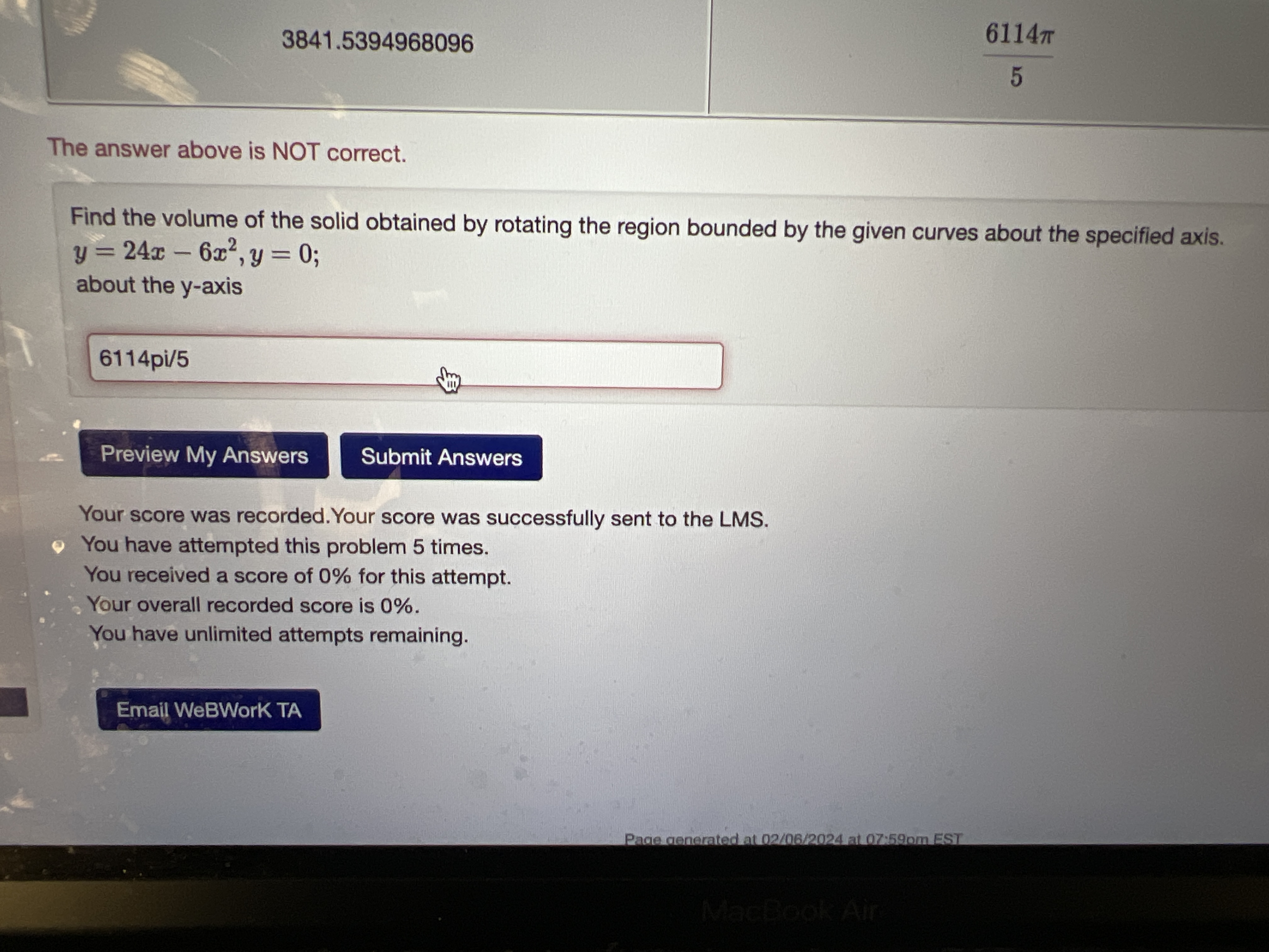Solved Find the volume of the solid obtained by rotating the | Chegg.com