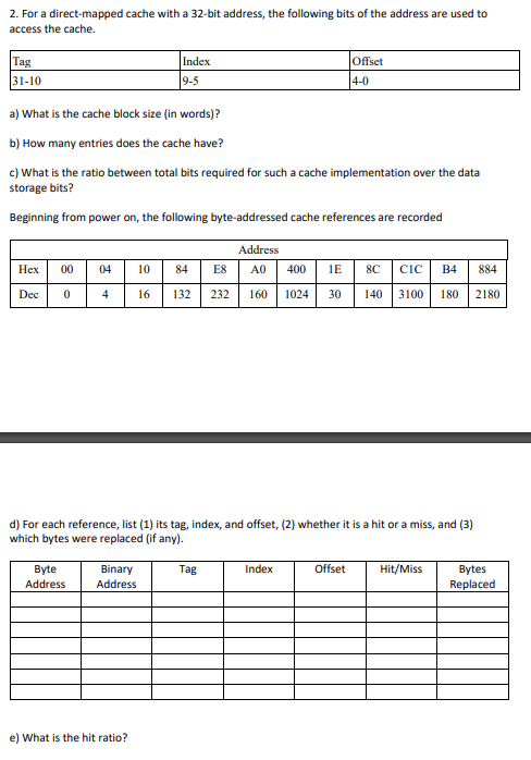 Solved 2. For a direct-mapped cache with a 32-bit address, | Chegg.com