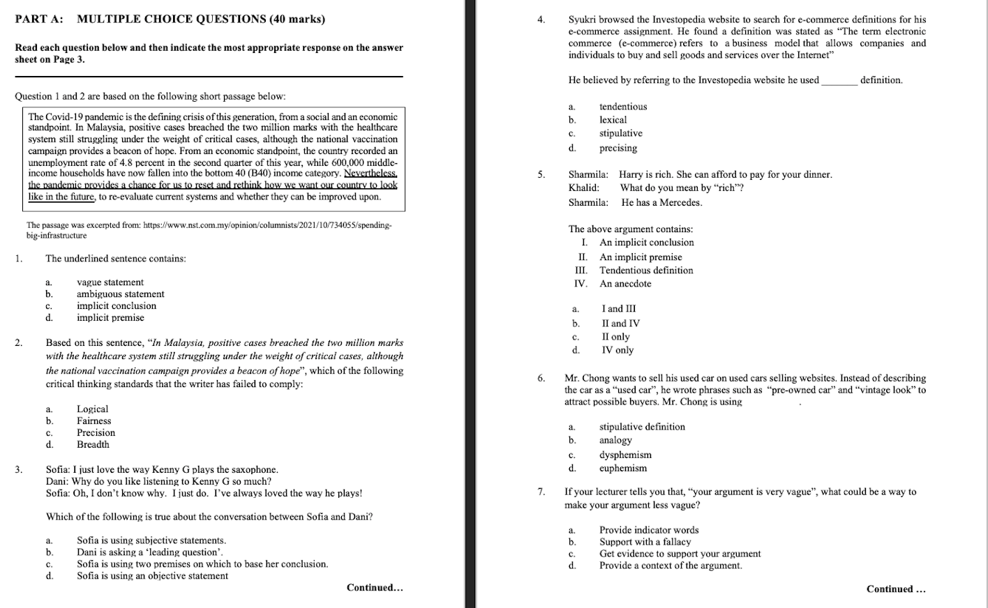 Solved PART A: MULTIPLE CHOICE QUESTIONS (40 marks) 4. | Chegg.com