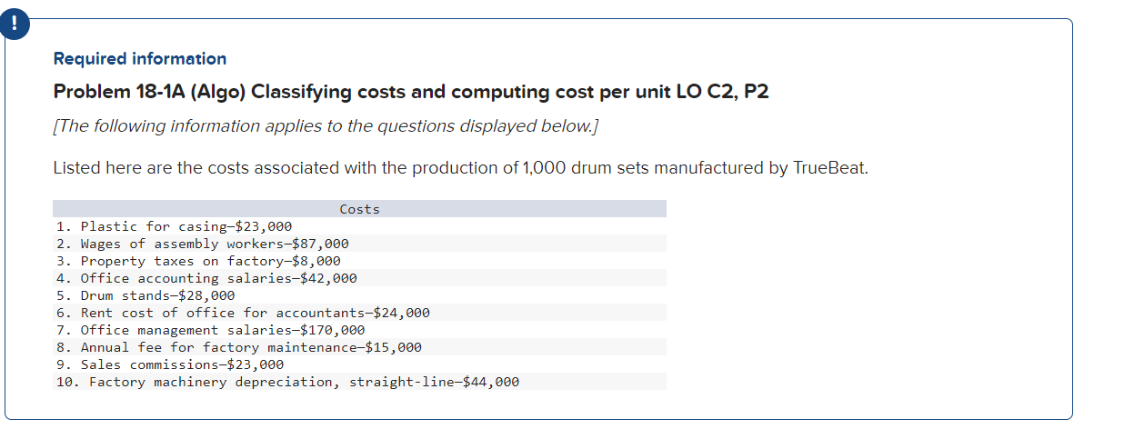 Solved Required information Problem 18-1A (Algo) Classifying | Chegg.com