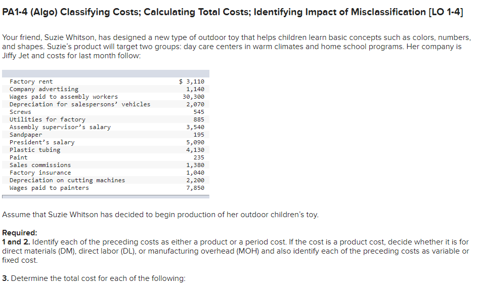 Solved PA1-4 (Algo) Classifying Costs; Calculating Total | Chegg.com