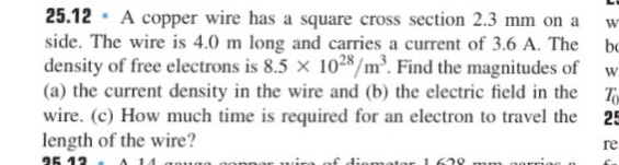 Solved 25.12 A copper wire has a square cross section 2.3 mm | Chegg.com