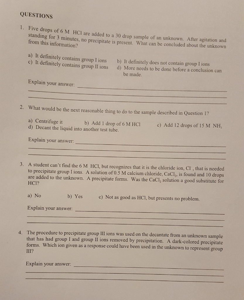 Solved QUESTIONS Five drops of 6 M HCl are added to a 30 | Chegg.com