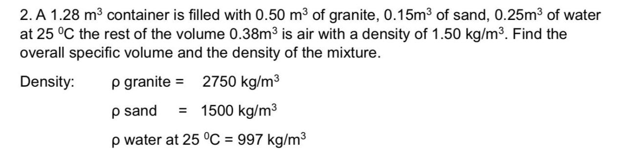 Solved 2. A 1.28 m3 container is filled with 0.50 m3 of | Chegg.com