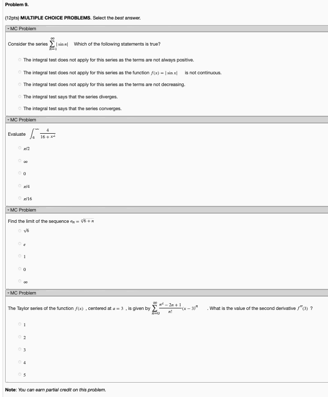 Solved Problem 9. (12pts) MULTIPLE CHOICE PROBLEMS. Select | Chegg.com