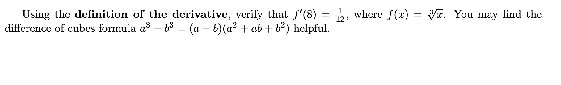 Solved Using the definition of the derivative, verify that | Chegg.com