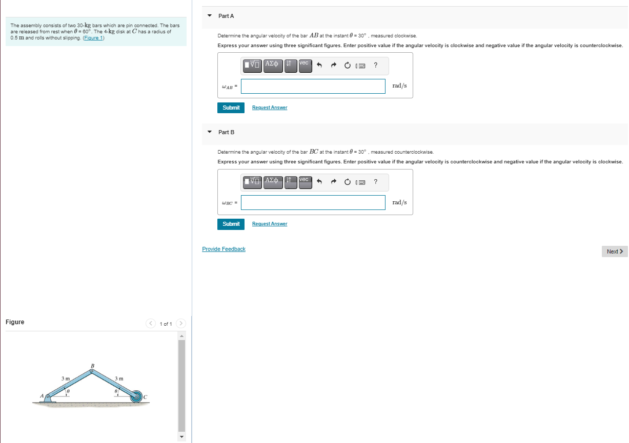 Solved The assembly consists of two 30−kg bars which are pin | Chegg.com