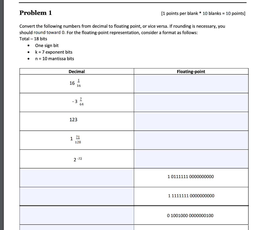 Solved Problem 1 [1 points per blank * 10 blanks = 10 | Chegg.com