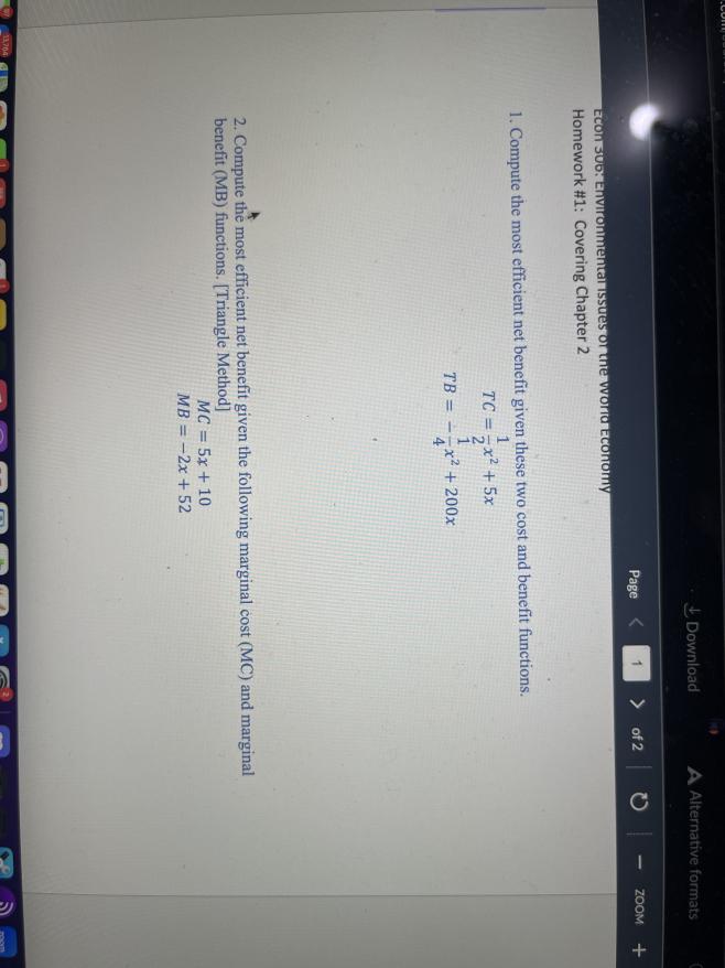Solved 1. Compute the most efficient net benefit given these | Chegg.com