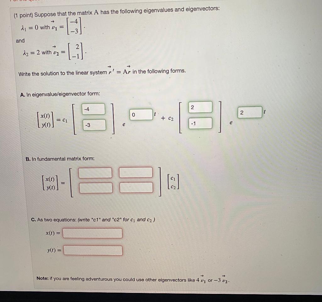 Solved (1 point) Suppose that the matrix A has the following | Chegg.com