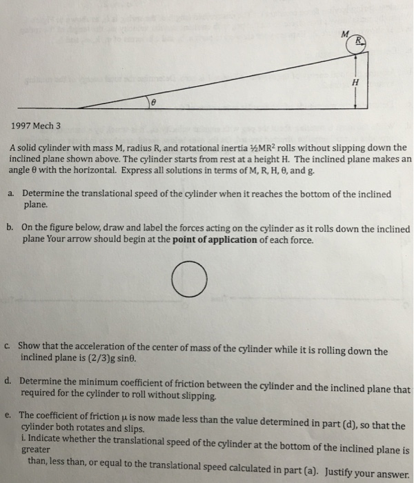 Solved 1997 Mech3 A solid cylinder with mass M, radius R, | Chegg.com