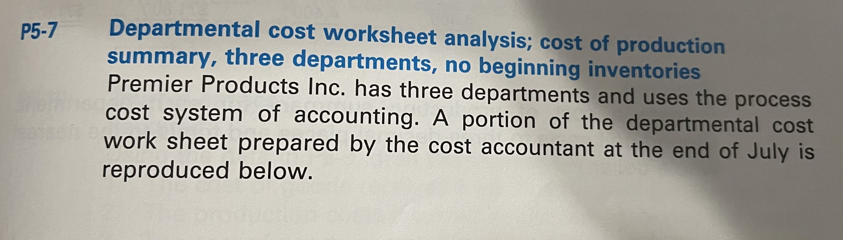 Solved Departmental cost worksheet analysis; cost of | Chegg.com