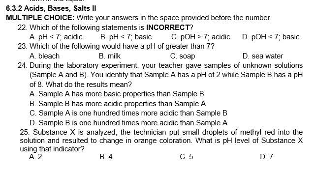 Solved C. soap 6.3.2 Acids, Bases, Salts II MULTIPLE CHOICE: | Chegg.com