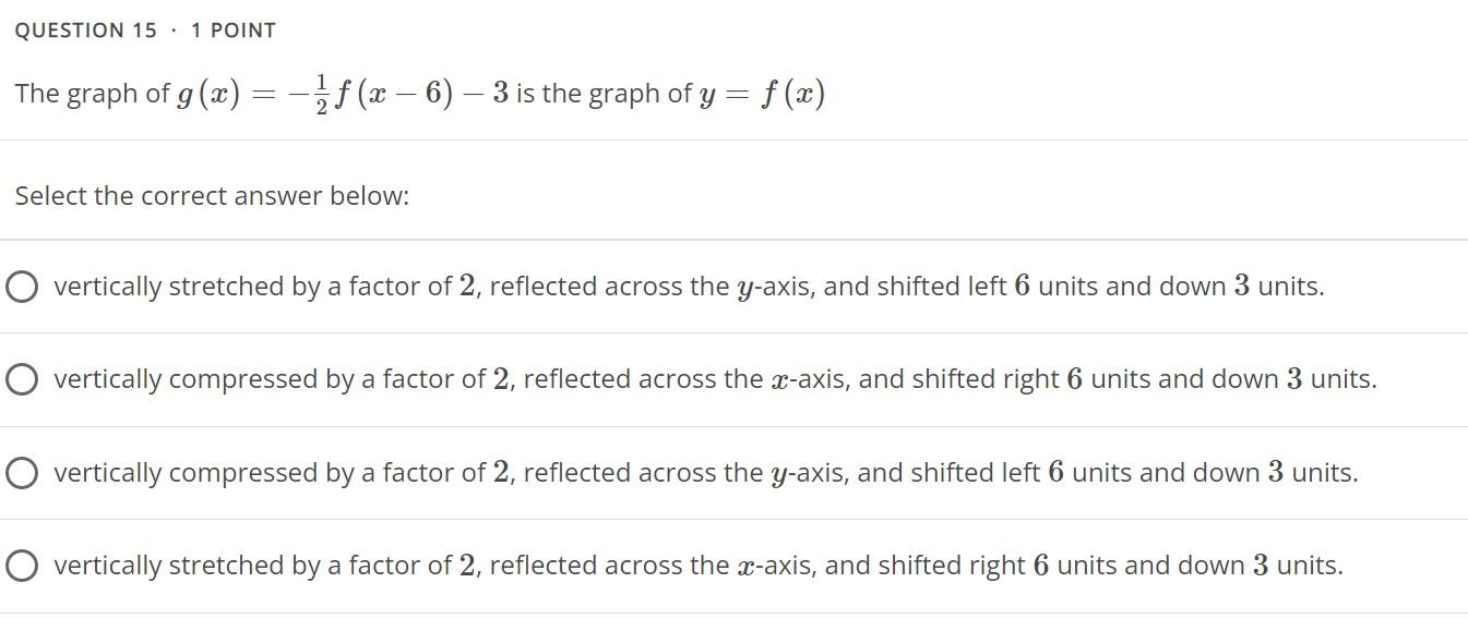 Solved QUESTION 7.1 POINT The graph of g(x) = -2f (x + 3) - | Chegg.com