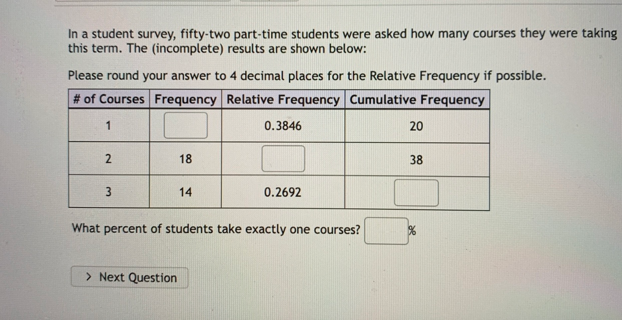 Solved In a student survey, fifty-two part-time students | Chegg.com