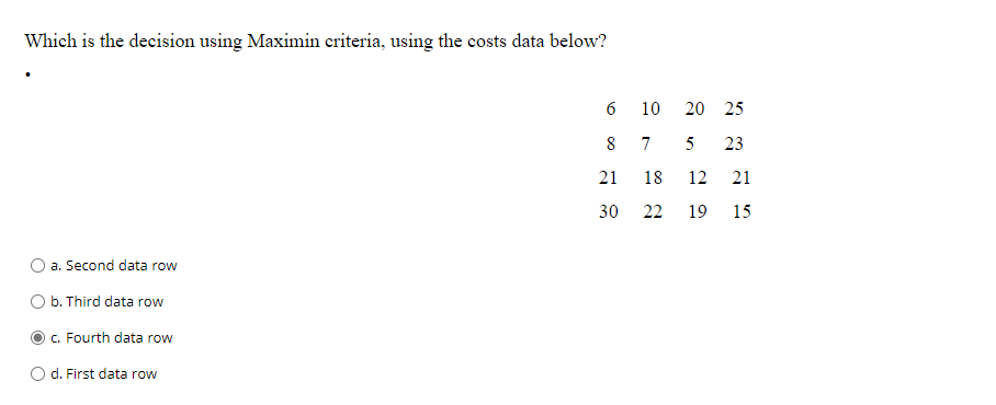 Solved Which is the decision using Maximin criteria, using | Chegg.com