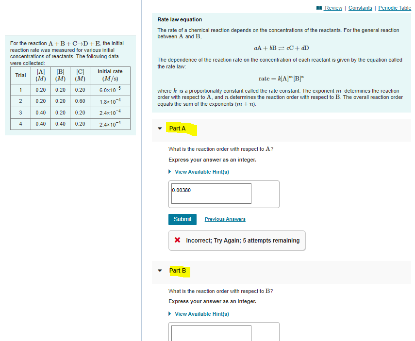 Solved Rate law equation The rate of a chemical reaction | Chegg.com