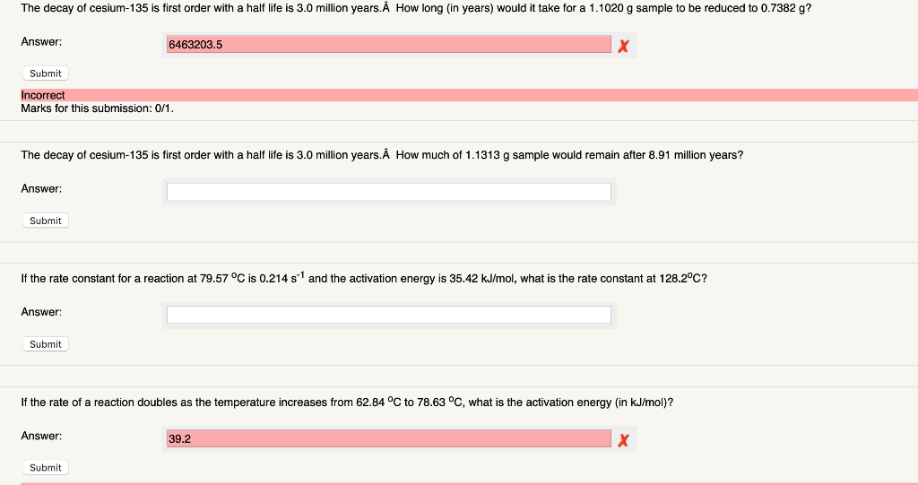 Solved The decay of cesium-135 is first order with a half | Chegg.com