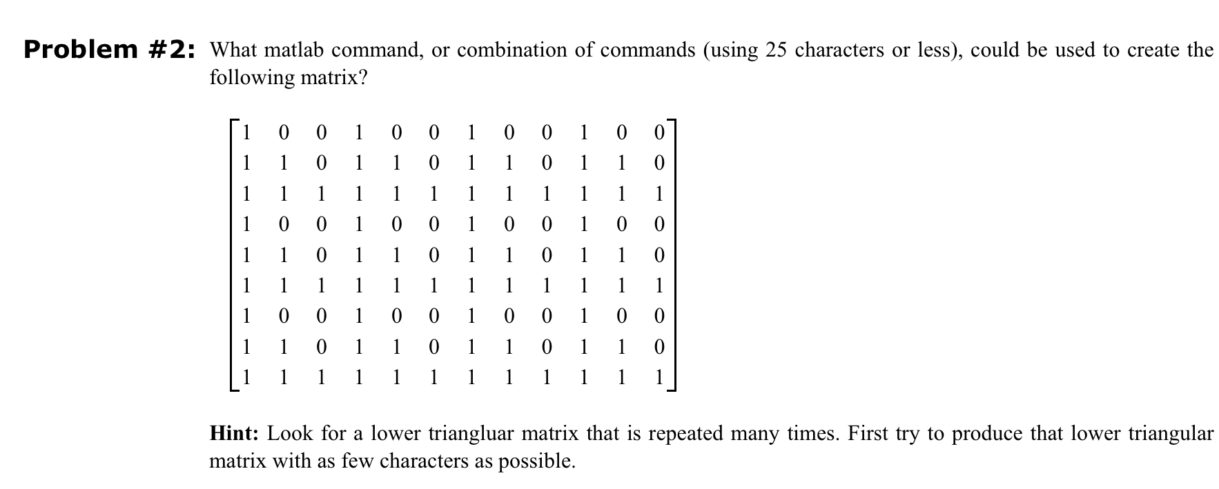 Solved Problem # 2: What matlab command, or ﻿combination of | Chegg.com