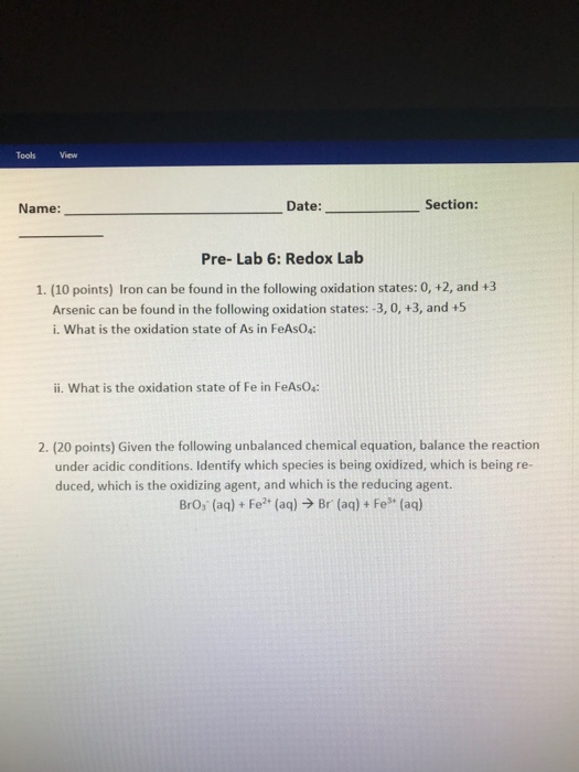 Solved Tools View Name: Date: Section: Pre- Lab 6: Redox Lab | Chegg.com