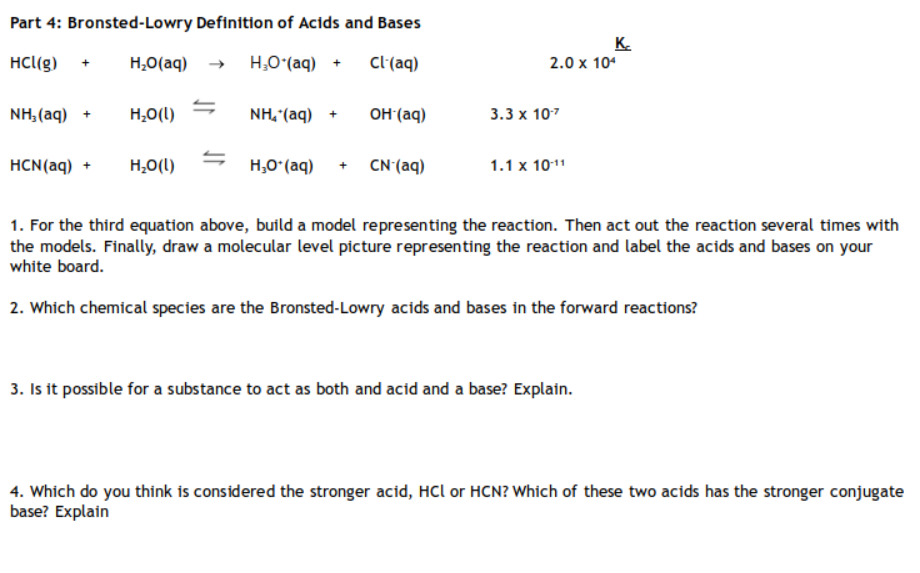 Solved Part 4: Bronsted-Lowry Definition of Acids and Bases | Chegg.com