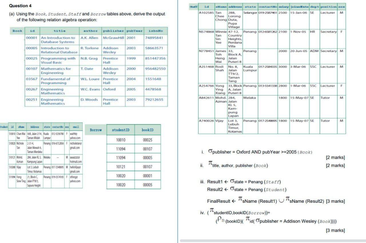 Question 4 (a) Using the Book, Student, Staff and | Chegg.com