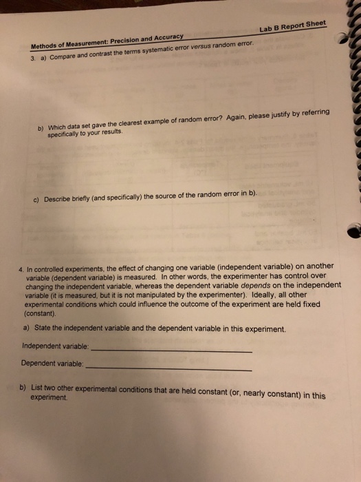 Solved Lab B Report Sheet s of Measurement: Precision and | Chegg.com
