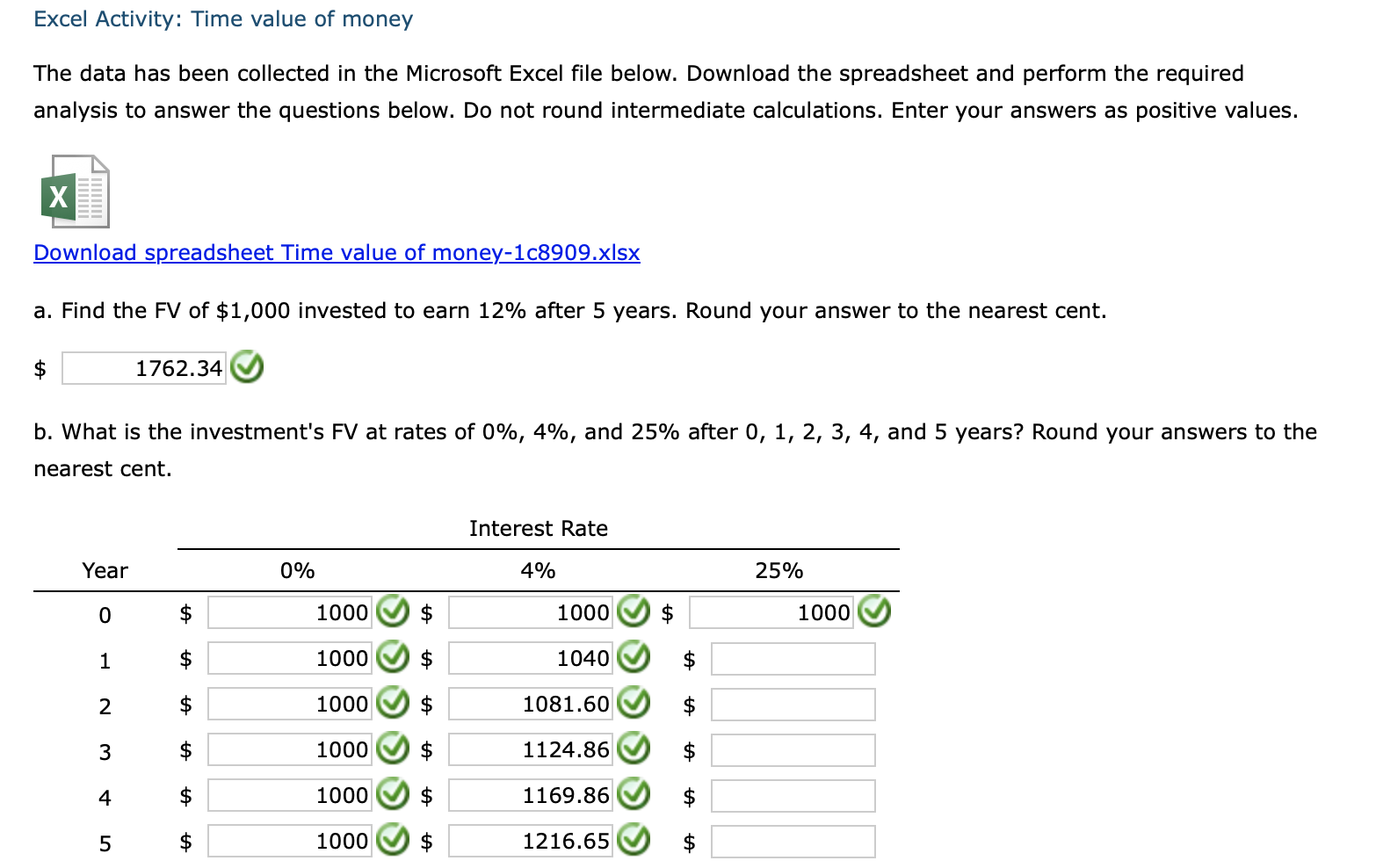 Solved Excel Activity: Time value of money The data has been | Chegg.com