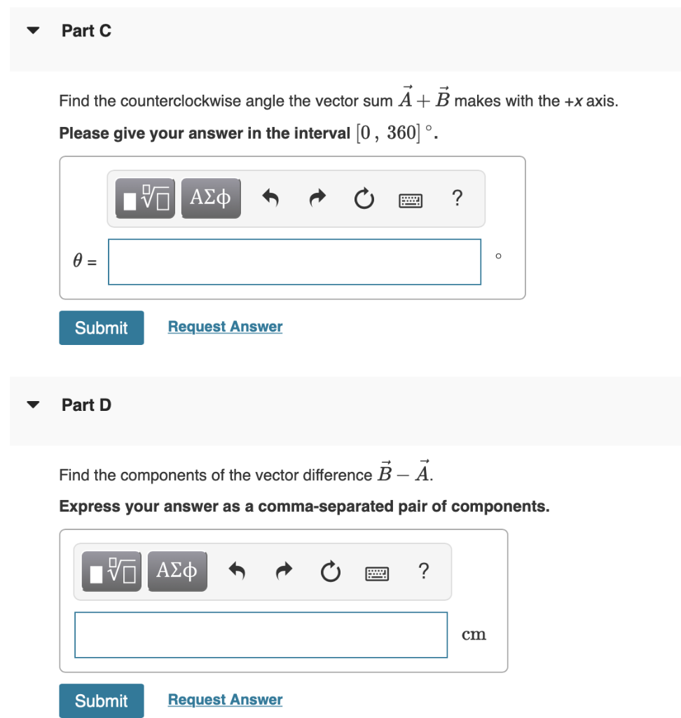 Solved Vector A has components Ax=1.26 cm,Ay= 2.27 cm; | Chegg.com
