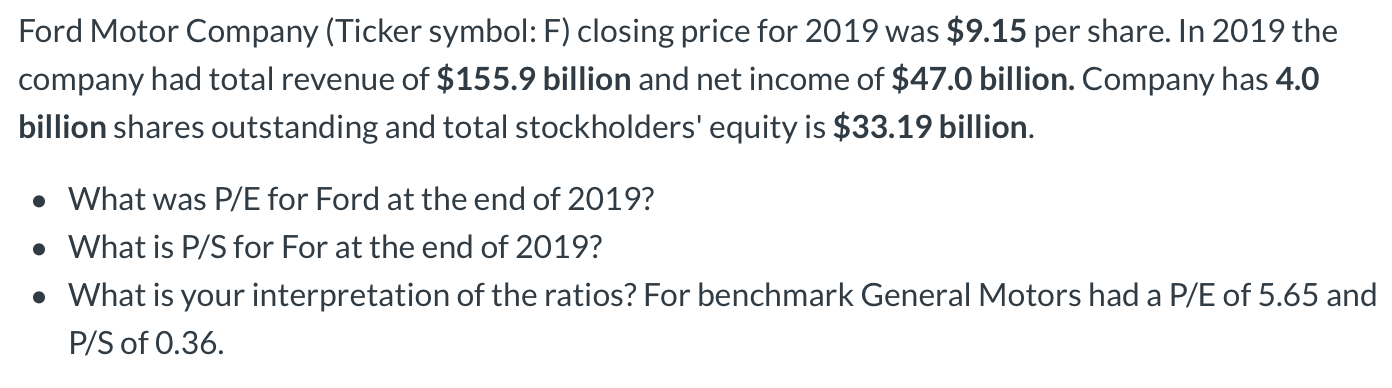 Solved Ford Motor Company (Ticker symbol: F) closing price | Chegg.com