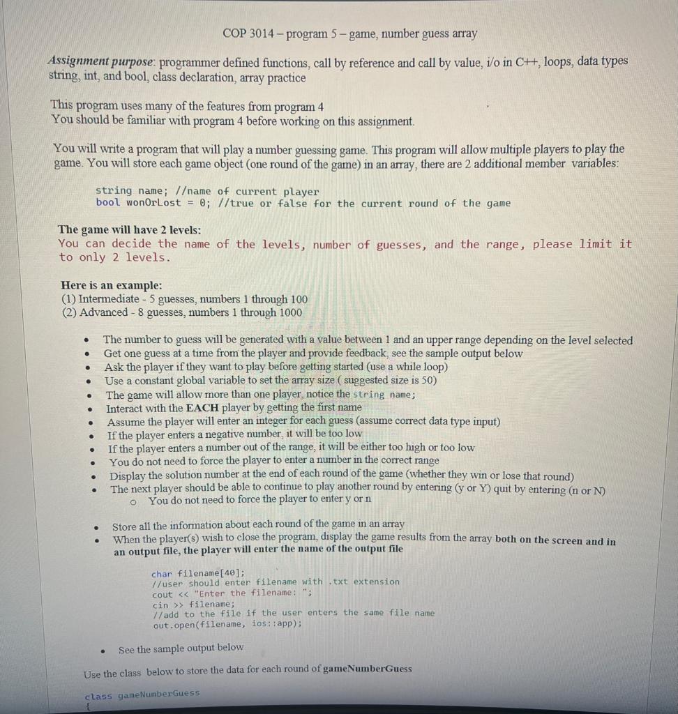 COP 3014-program 5- game, number guess array | Chegg.com