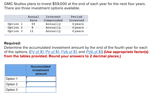 Solved GMG Studios plans to invest $59,000 at the end of | Chegg.com