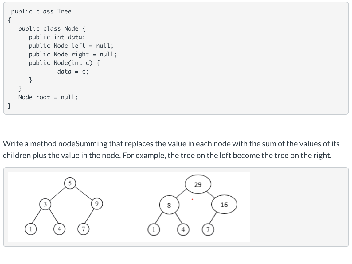 Solved public class Tree public class Node { public int | Chegg.com