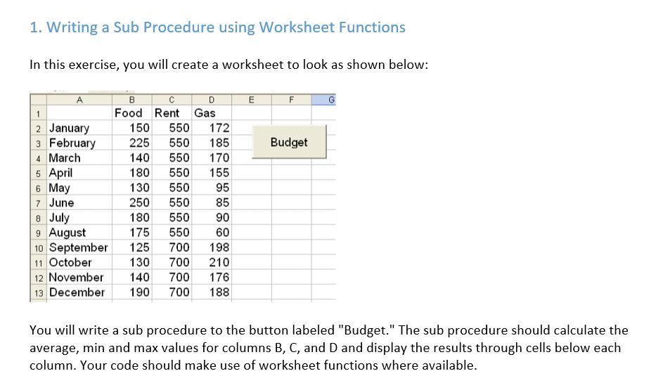 Solved 1. Writing a Sub Procedure using Worksheet Functions | Chegg.com