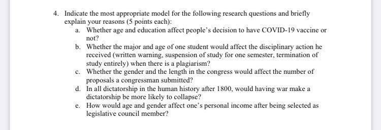 Solved 4. Indicate the most appropriate model for the | Chegg.com