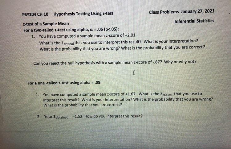 Solved Psy204 Ch 10 Hypothesis Testing Using 2 Test Class