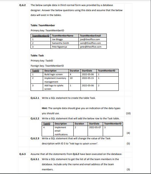 Solved Q.6.2 Q.6.3 The below sample data in third normal | Chegg.com