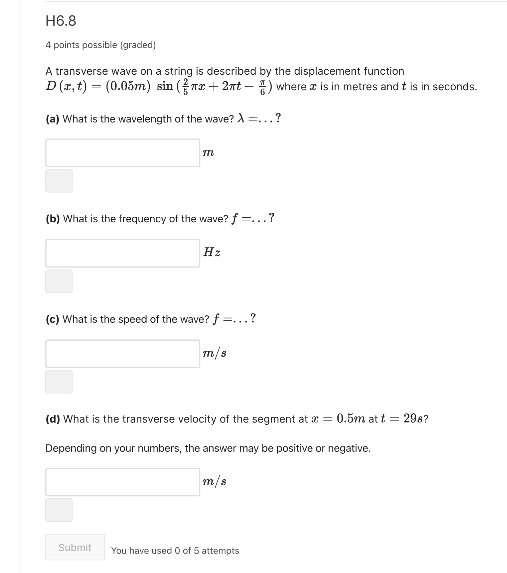 Solved H6.8 4 points possible (graded) A transverse wave on | Chegg.com