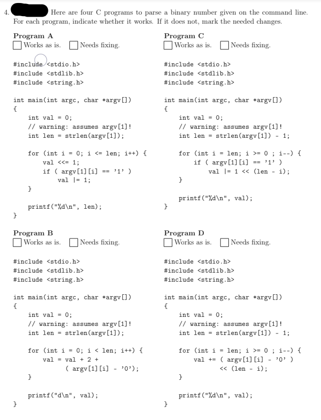 Solved Here Are Four C Programs To Parse A Binary Number 1747