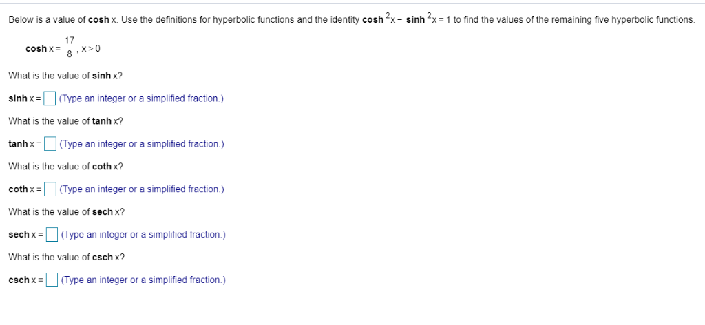 Solved Below is a value of cosh x. Use the definitions for | Chegg.com