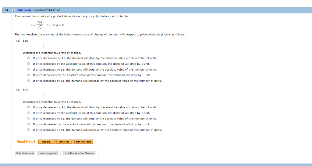 Solved 14 o-10.09 points HarMathAp12 9.4.051. MI. The demand | Chegg.com