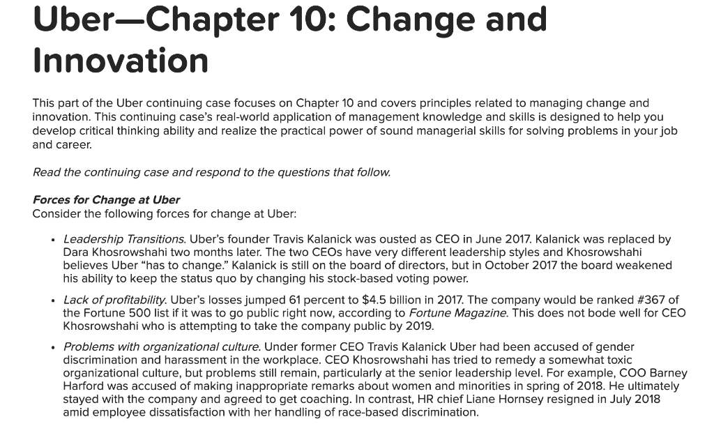 Solved Uber-Chapter 10: Change and Innovation This part of | Chegg.com