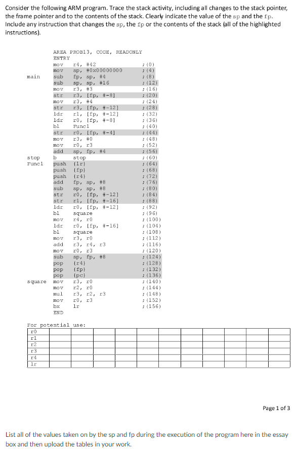 Consider the following ARM program. Trace the stack | Chegg.com