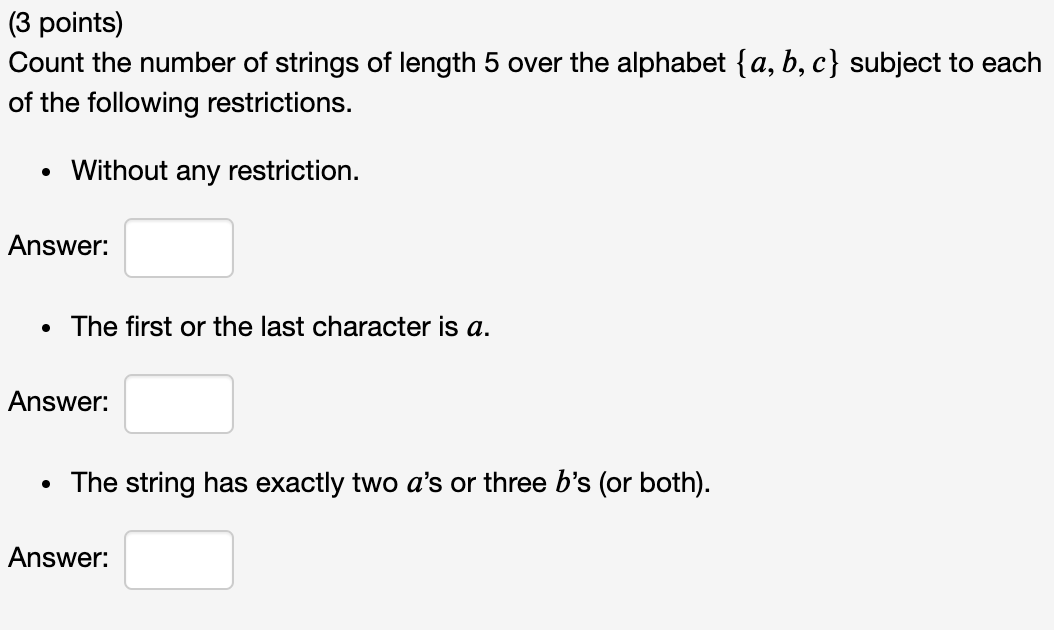 Solved (3 points) Count the number of strings of length 5 | Chegg.com