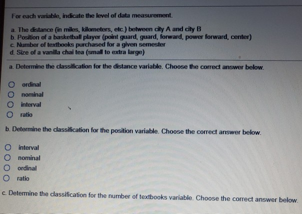 Solved For each variable, indicate the level of data | Chegg.com