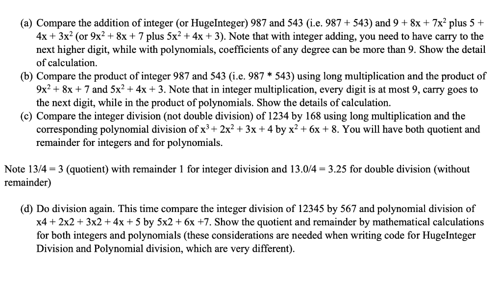 (a) Compare the addition of integer (or HugeInteger) | Chegg.com