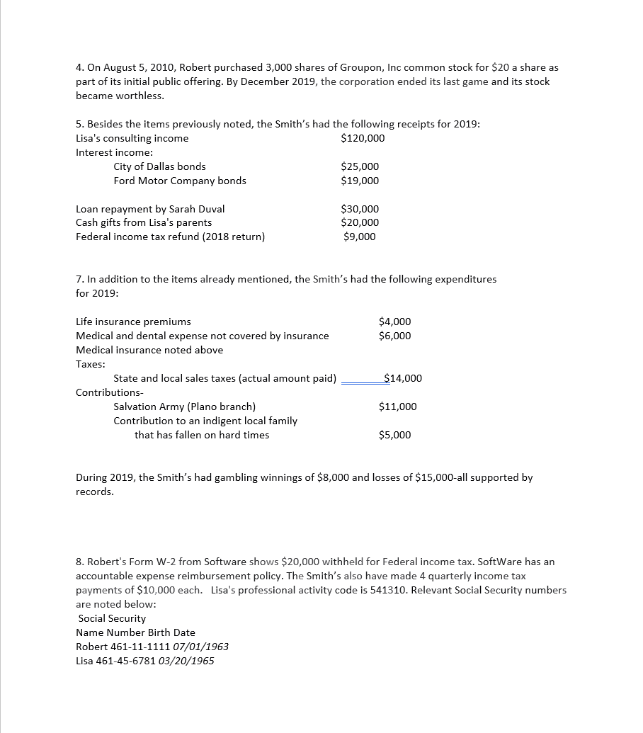 Spring 2020 ACCT 3350 TAX CASE STUDY TAX YEAR 2019 | Chegg.com