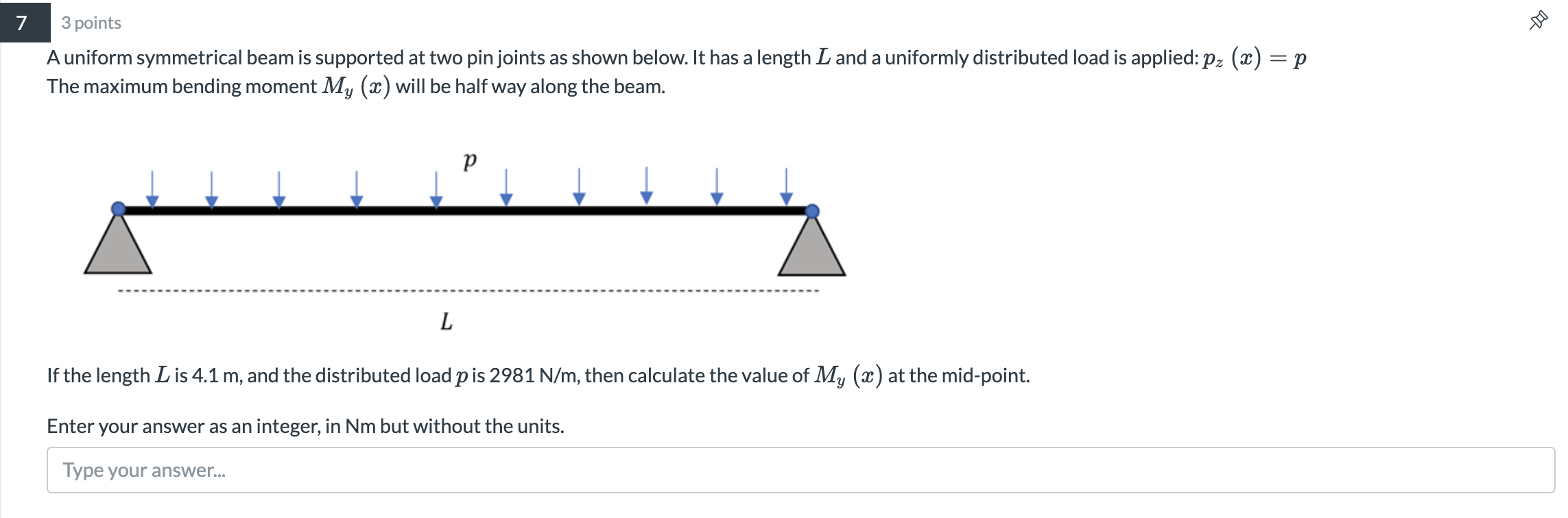 Solved 7 四 3 points A uniform symmetrical beam is supported | Chegg.com